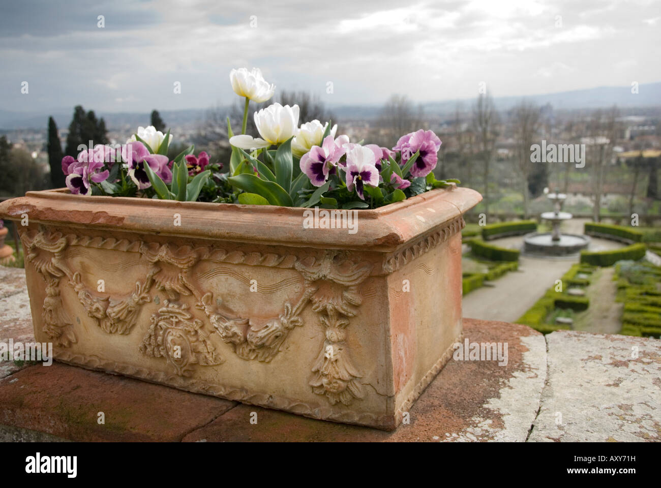 Ceramic flowerbox bearing the Medici crest with pansies and view of ...