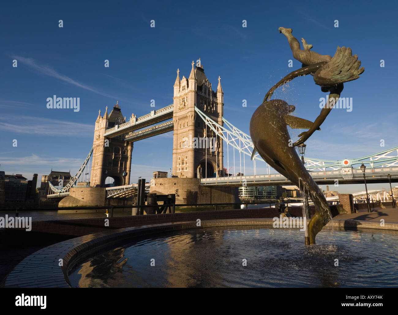 Tower Bridge and the Girl with a Dolphin sculpture, River Thames ...