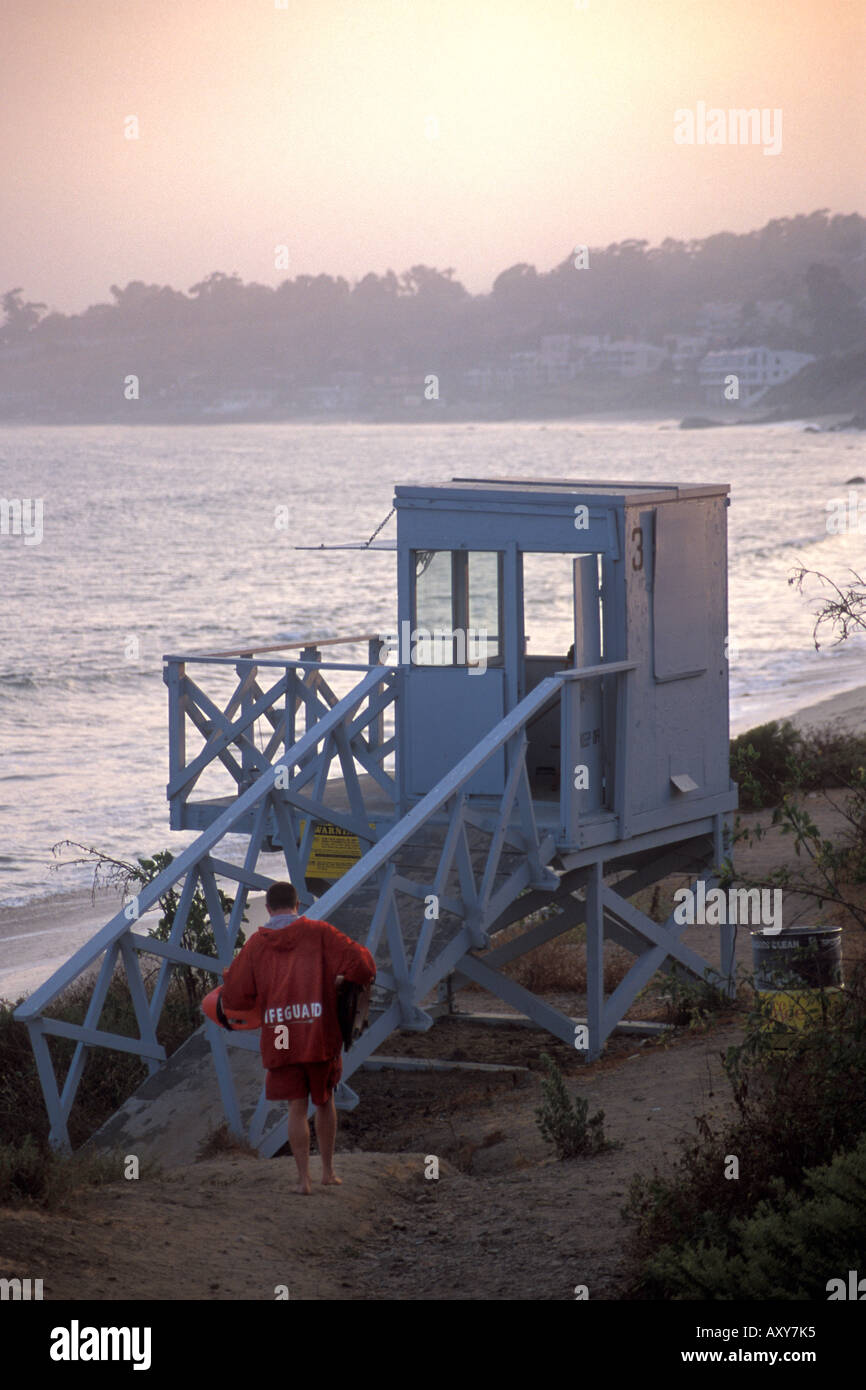 Lifeguard lookout station over coastal sand beach Malibu Los Angeles ...