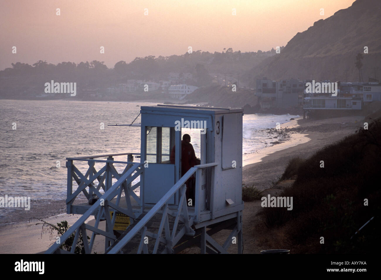 Lifeguard lookout station over coastal sand beach Malibu Los Angeles ...