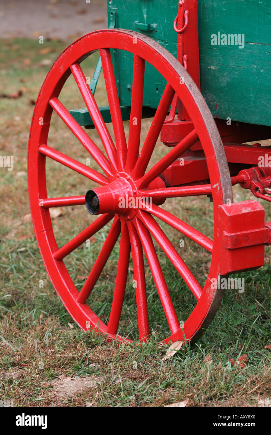 A bright red wagon wheel in the Great Smoky Mountains National Park ...