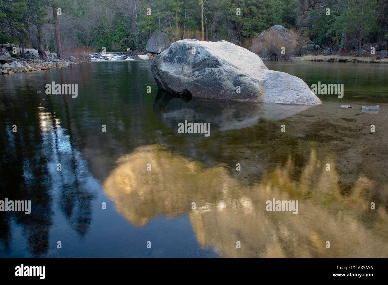 Granite boulder in water below Half Dome Lower Pool Mirror Lake ...