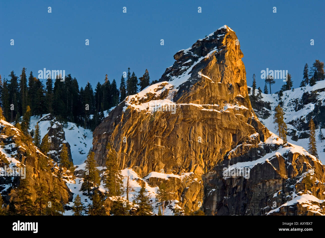 Golden Sunset light on granite rock mountain peak above Yosemite Valley ...