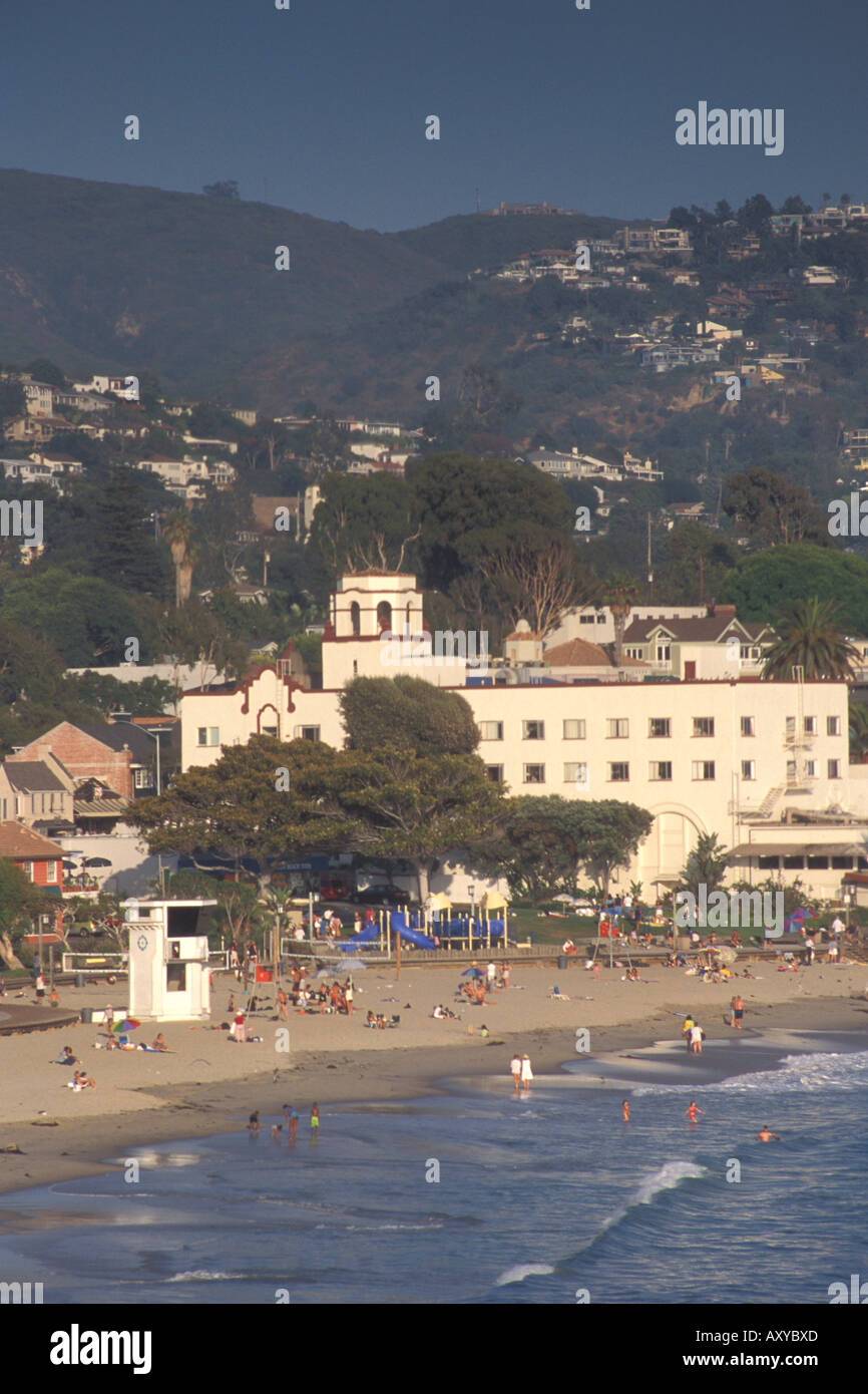 Overlooking waterfront town and sandy coast shore at Laguna Beach ...