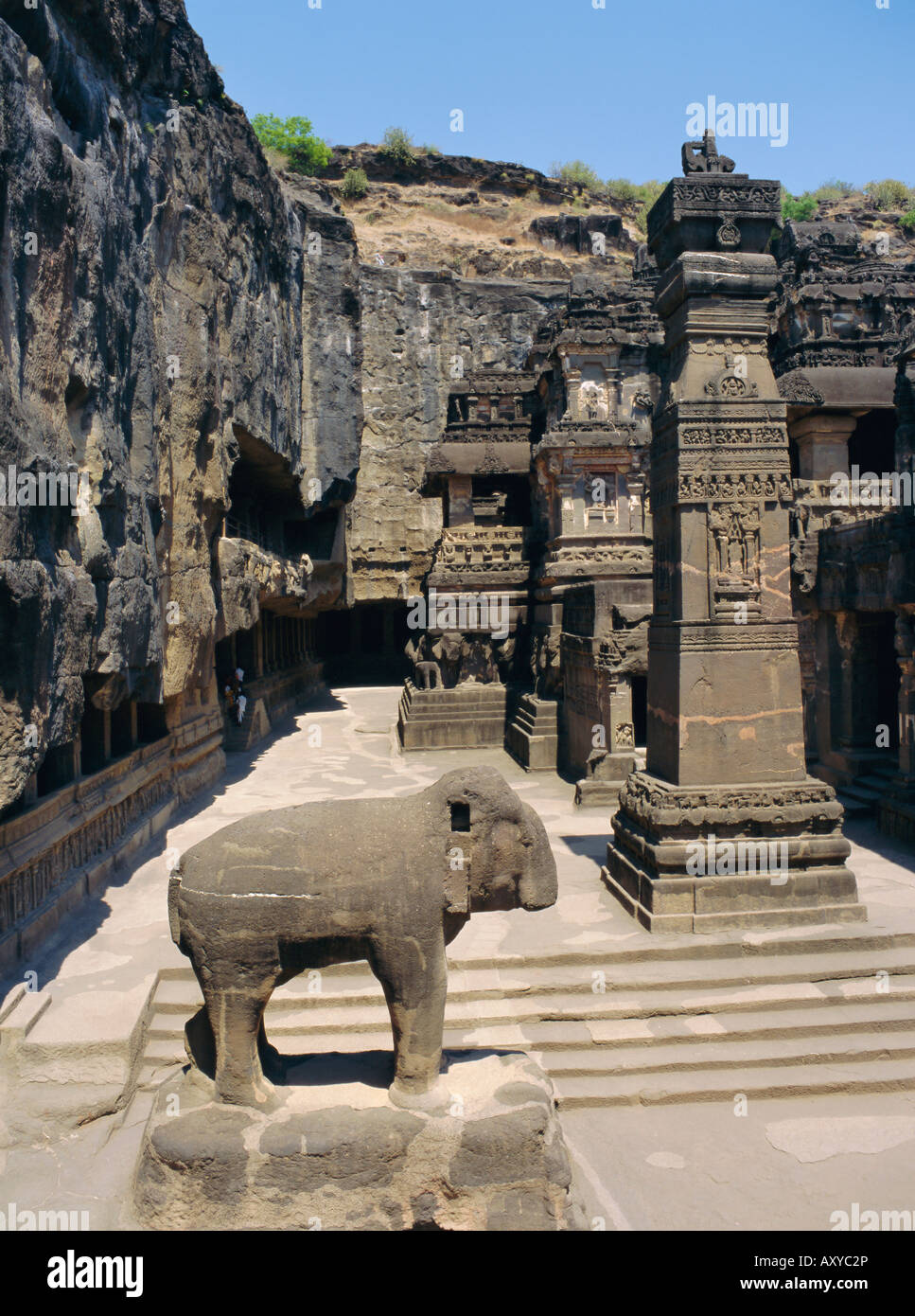 Massive elephant and column in NW of courtyard, Kailasa temple, Ellora ...