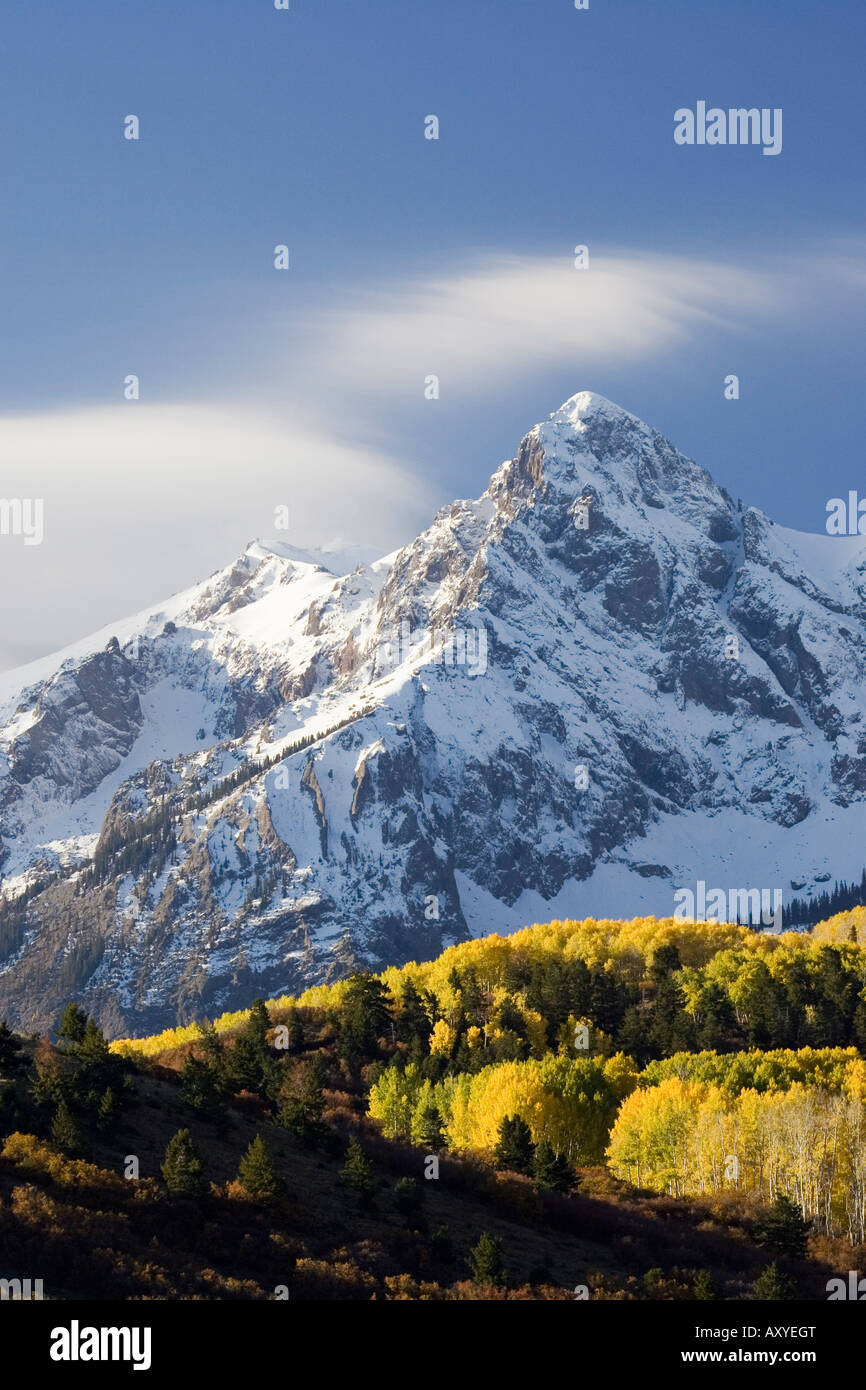 Snow capped mountain and fall colors, Dallas Divide, Colorado, United ...