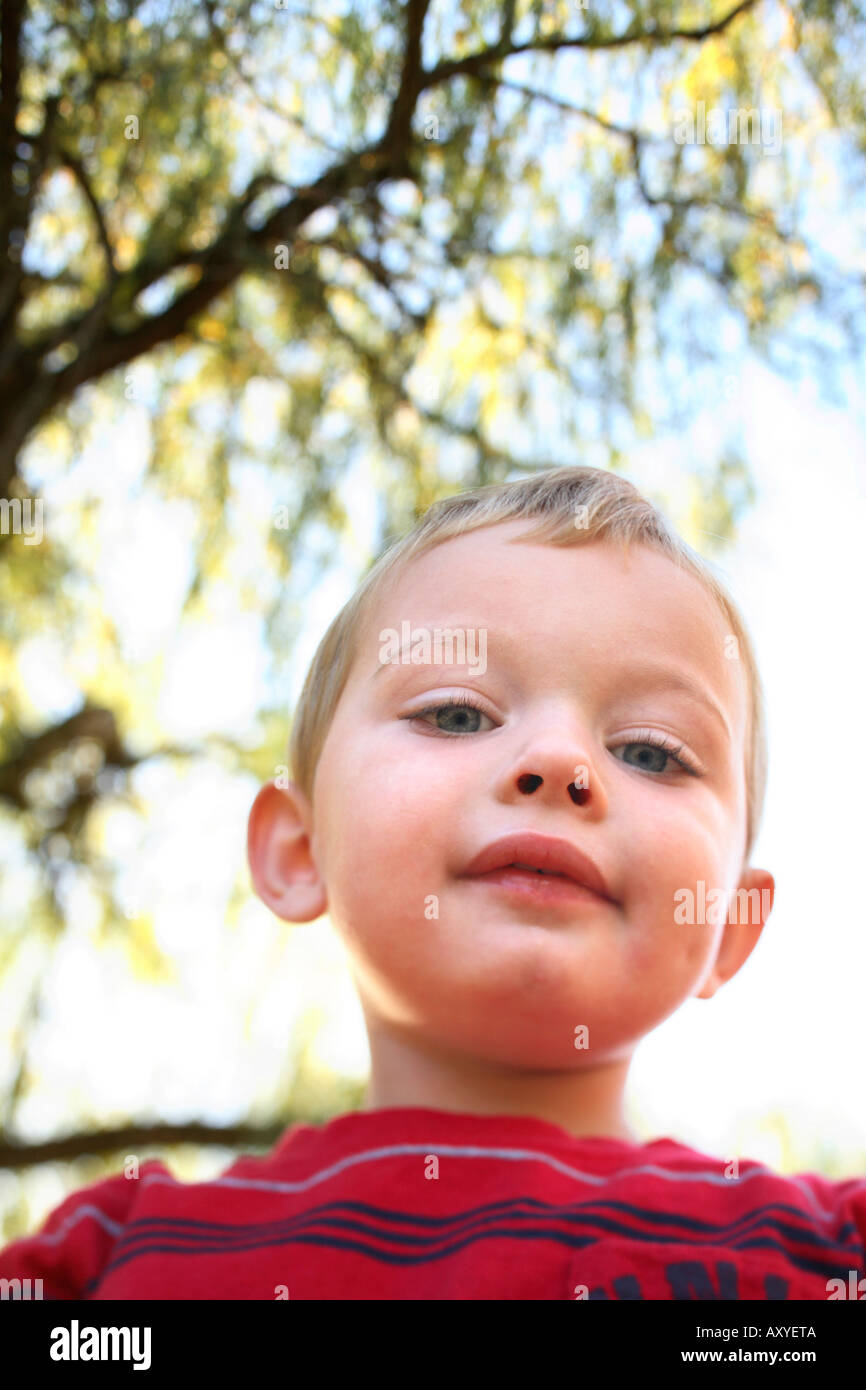 Two year old boy outside under tree Stock Photo - Alamy