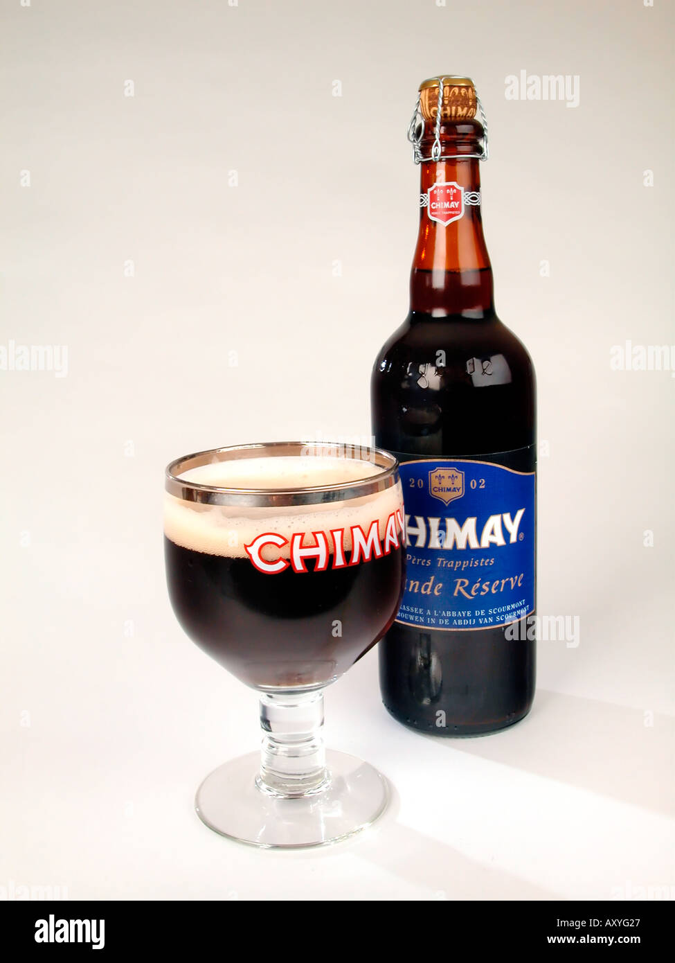 Bottle and glass of Chimay Trappist beer brewed at Abbaye de Notre Dame ...