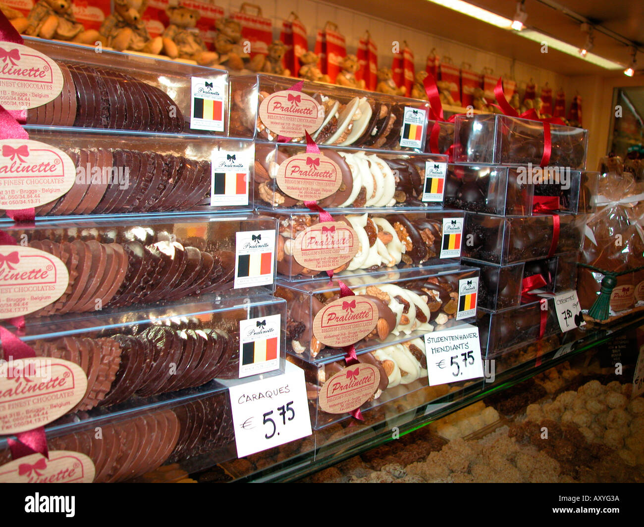 Hand made chocolate truffles on display in Pralinette Wollestraat ...