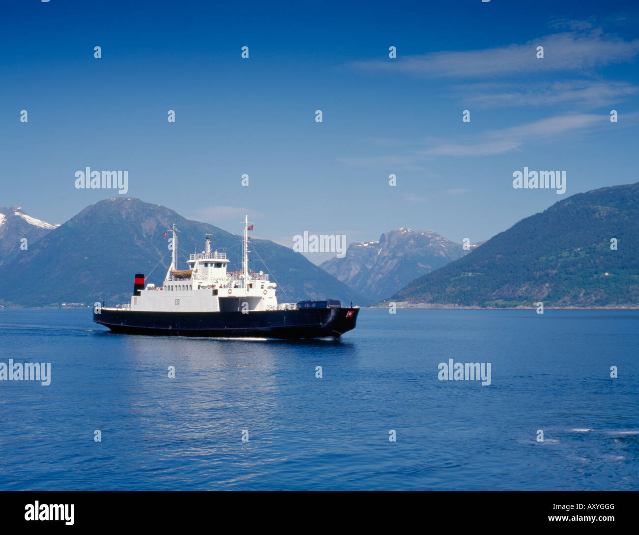 Car and passenger ferryboat on Sognefjord, seen from Vangsnes, near Vik ...