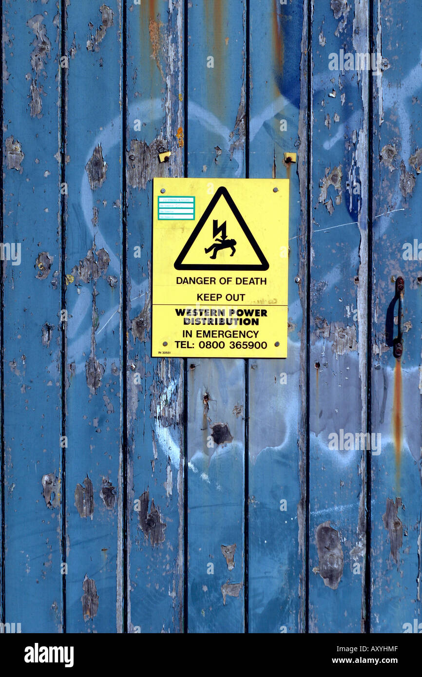 Danger of death warning sign on blue painted wooden door Marazion ...