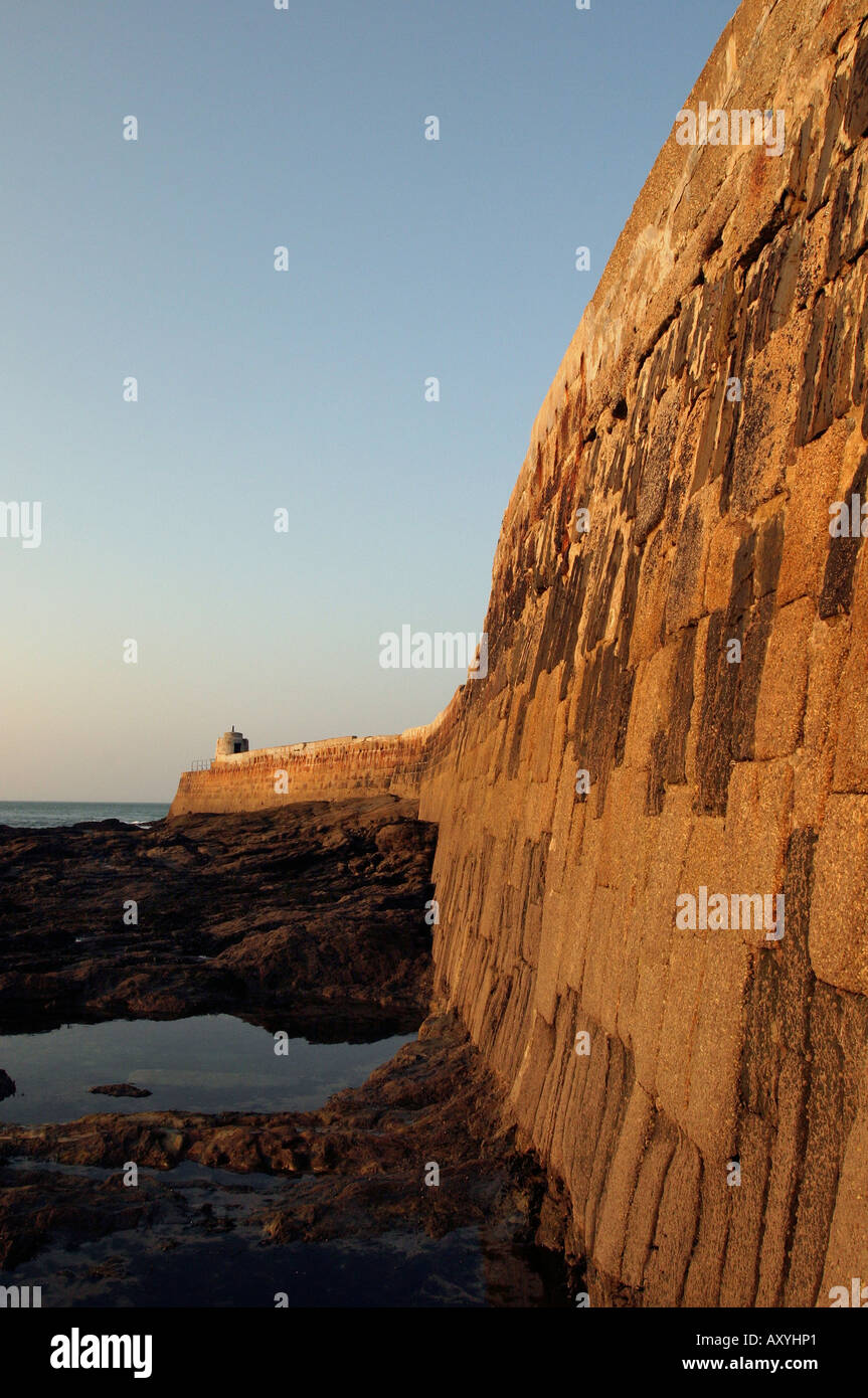 Sea wall Portreath harbour Cornwall Uk Stock Photo - Alamy