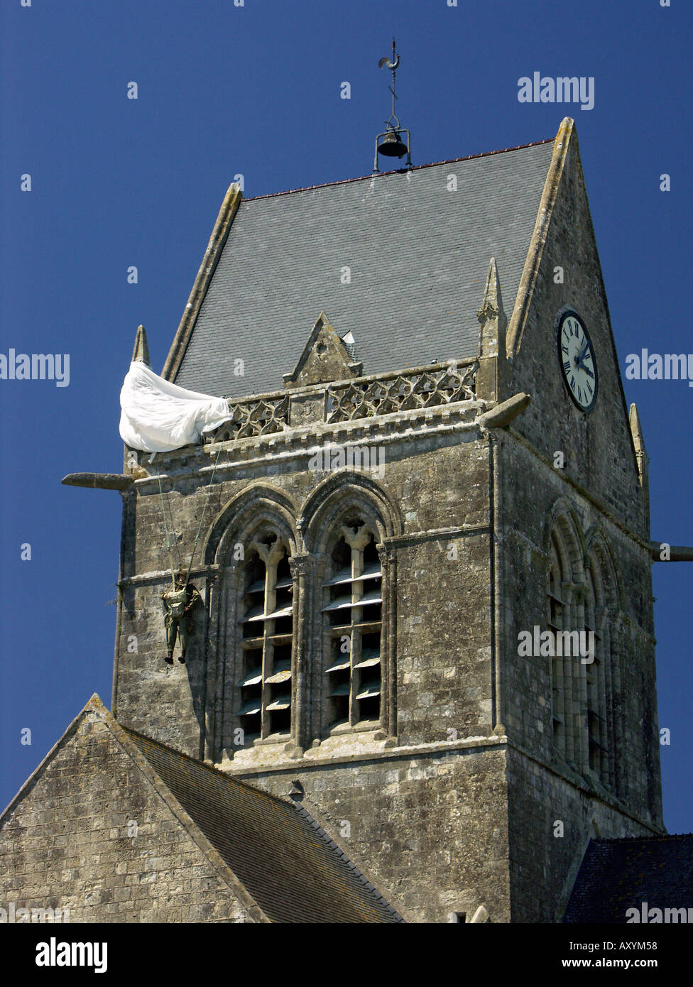 Dummy paratrooper in honour of John Steel on the church tower of Ste ...