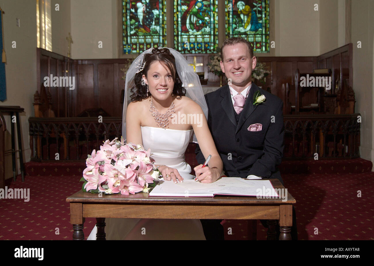bride. and, groom, signing, the register, sign, marriage, certificate ...