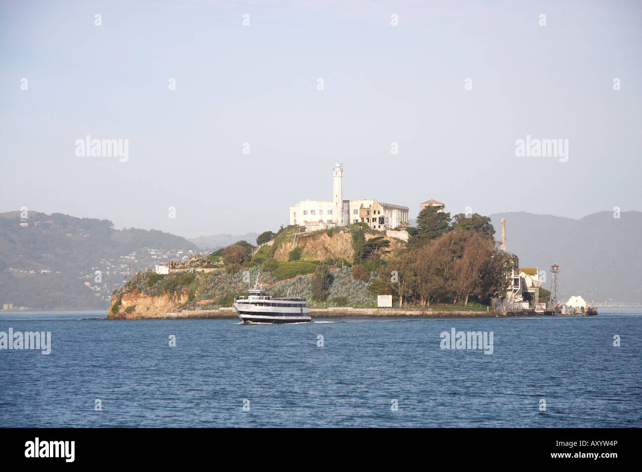 Island of Alcatraz as seen from the tourist ferry boat.San Francisco ...