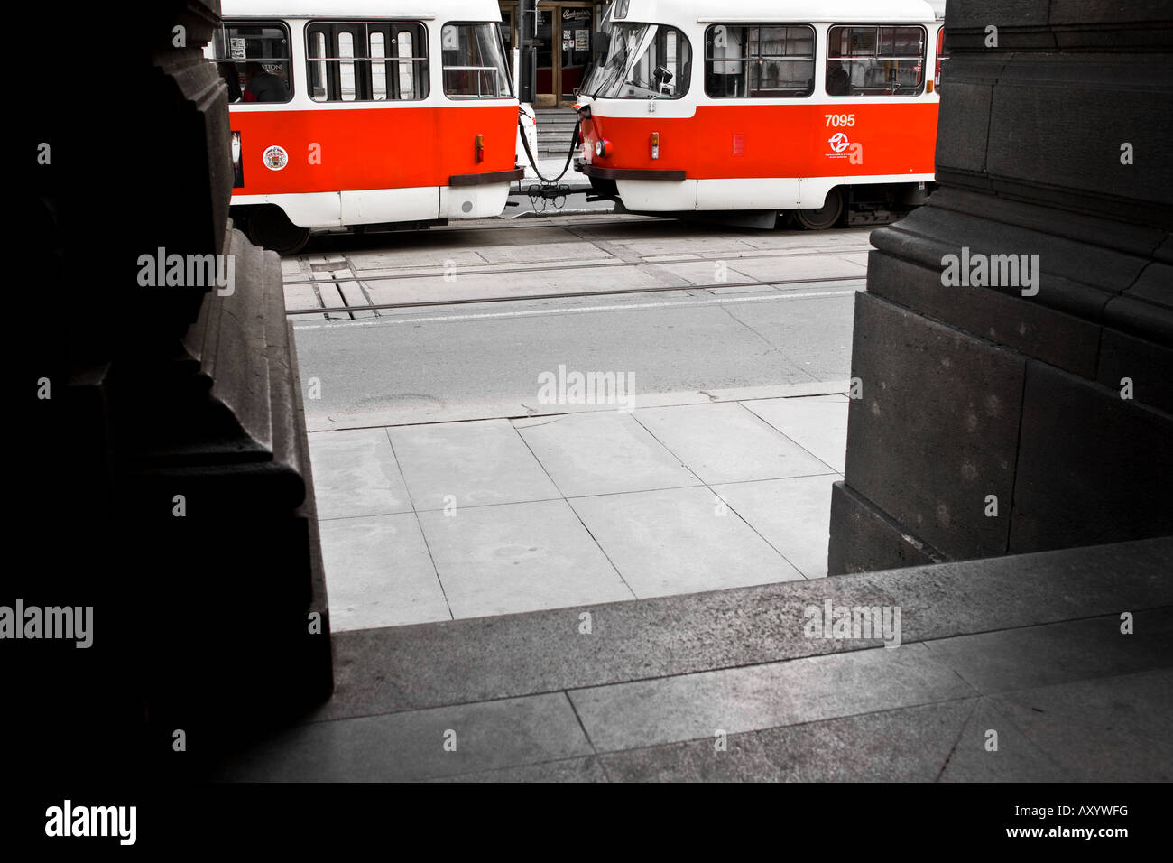 Czech tram seen between two columns in Prague Stock Photo - Alamy