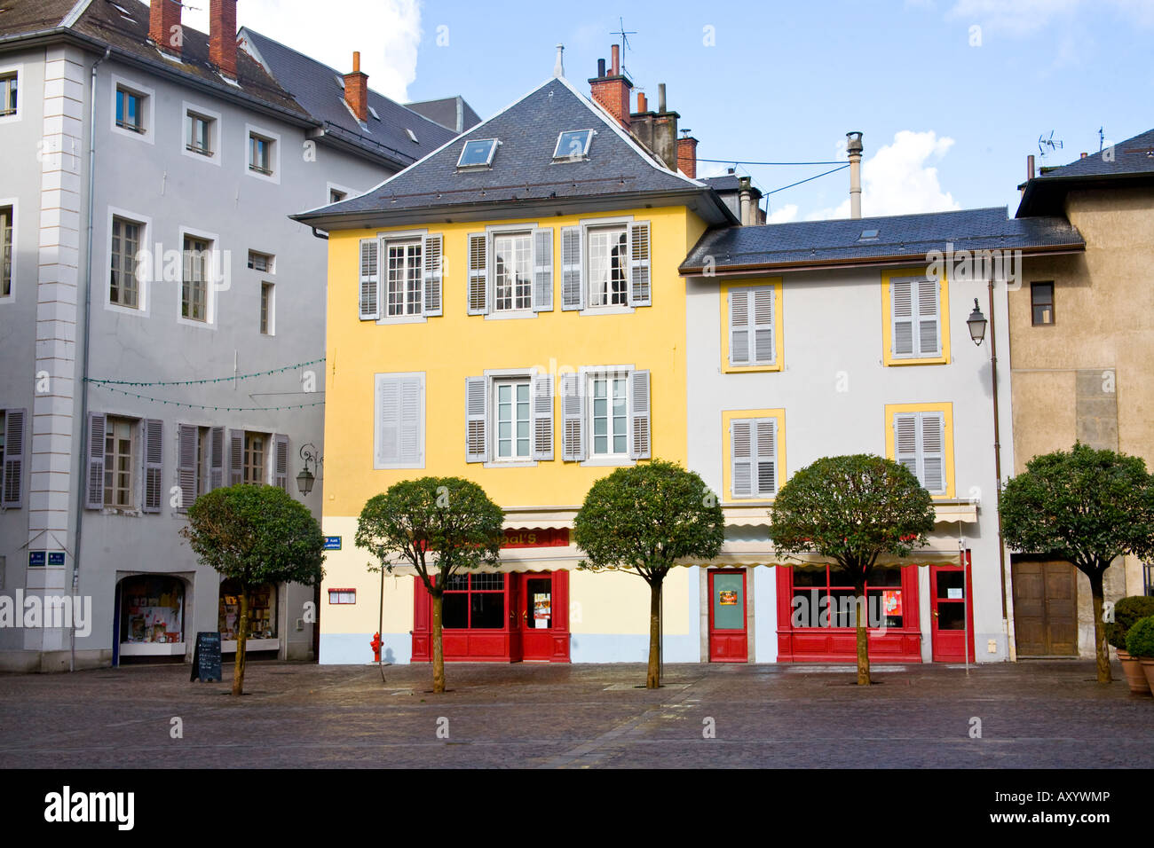 Cathedral square Chambery Savoie France with colourfull building and ...