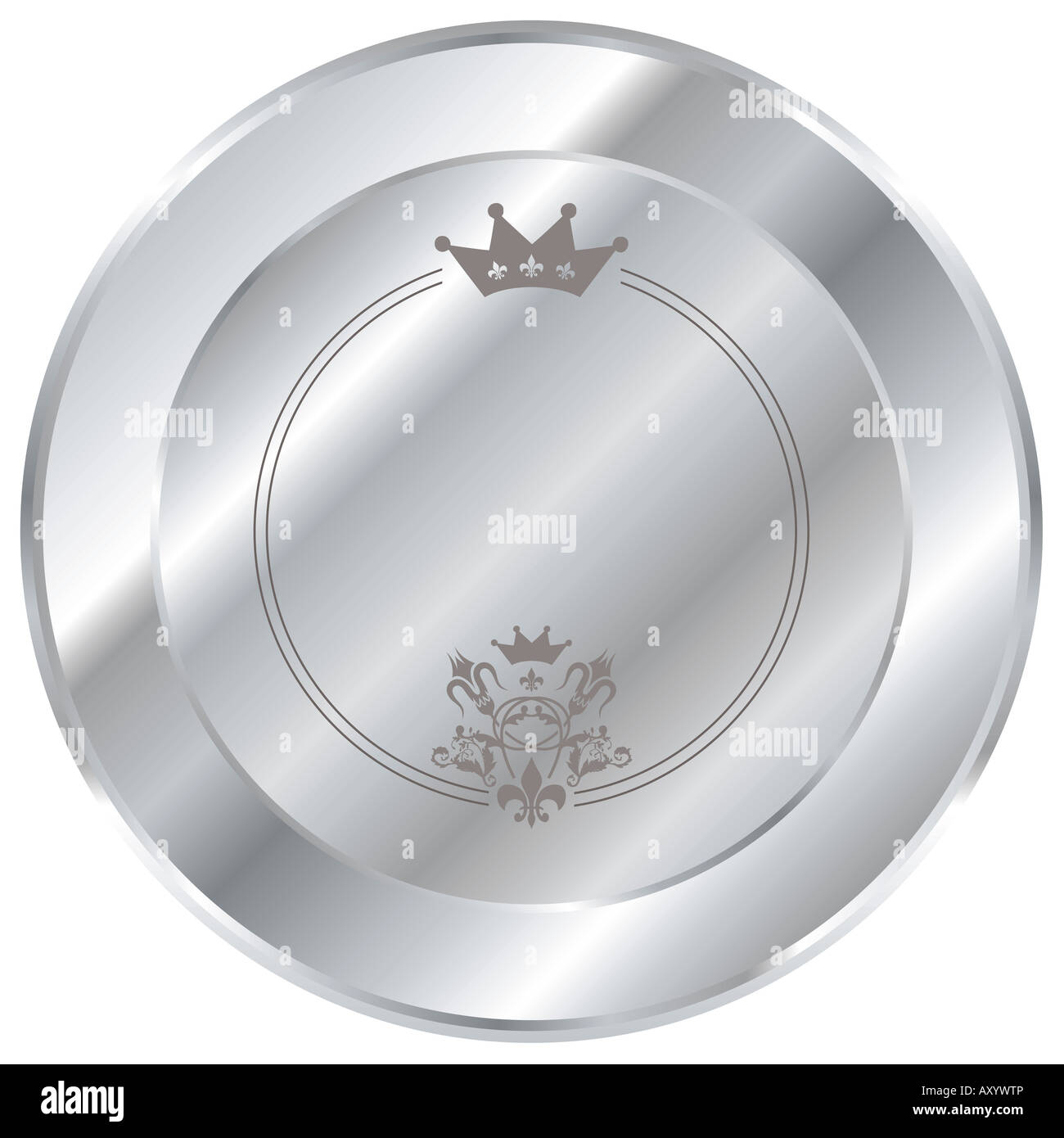 Shiny silver button with a crown and beveled edges Stock Photo - Alamy