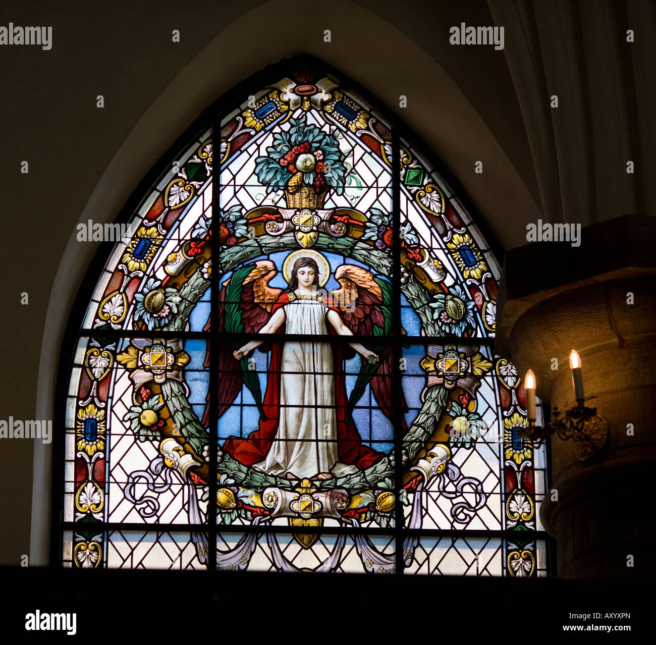 Detail from a stained glass window at the German church Tyska kyrkan ...