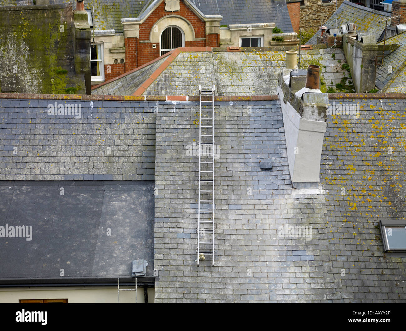 Short roof ladder on slate roof in the village of Fowey Cornwall View ...