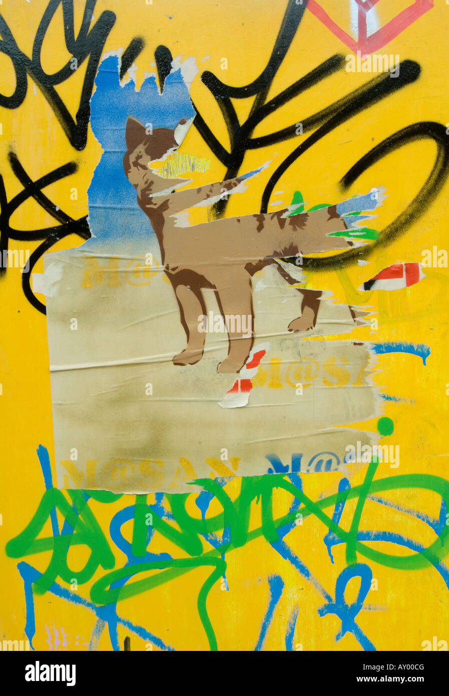 Ripped poster tags and graffiti on a yellow service door in a back ...