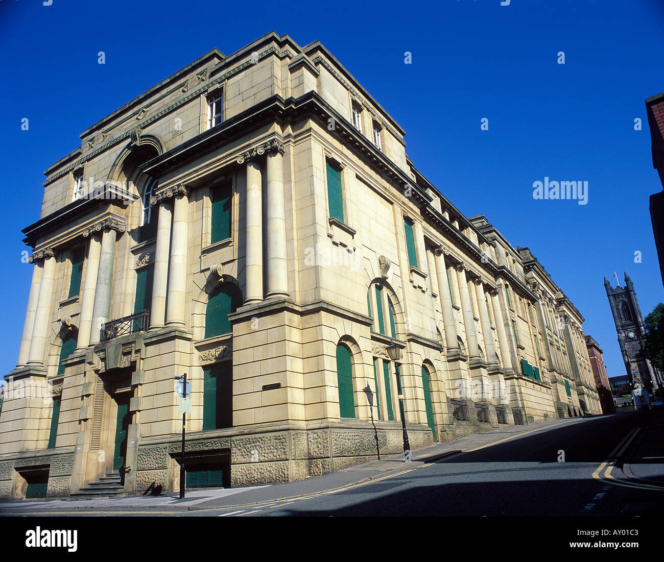 Fine classical Victorian architecture with Oldham Parish Church in the ...