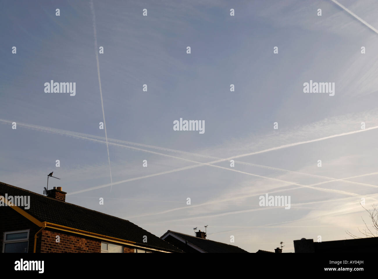 vapor trails or chemtrails from jets in sky Stock Photo - Alamy