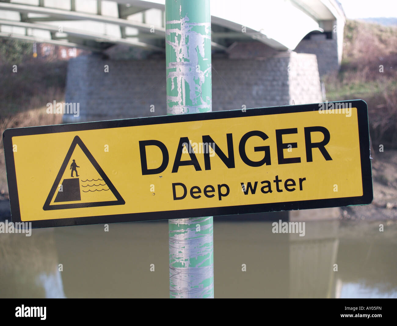 yellow danger deep water tilted information sign aylesford kent Stock ...