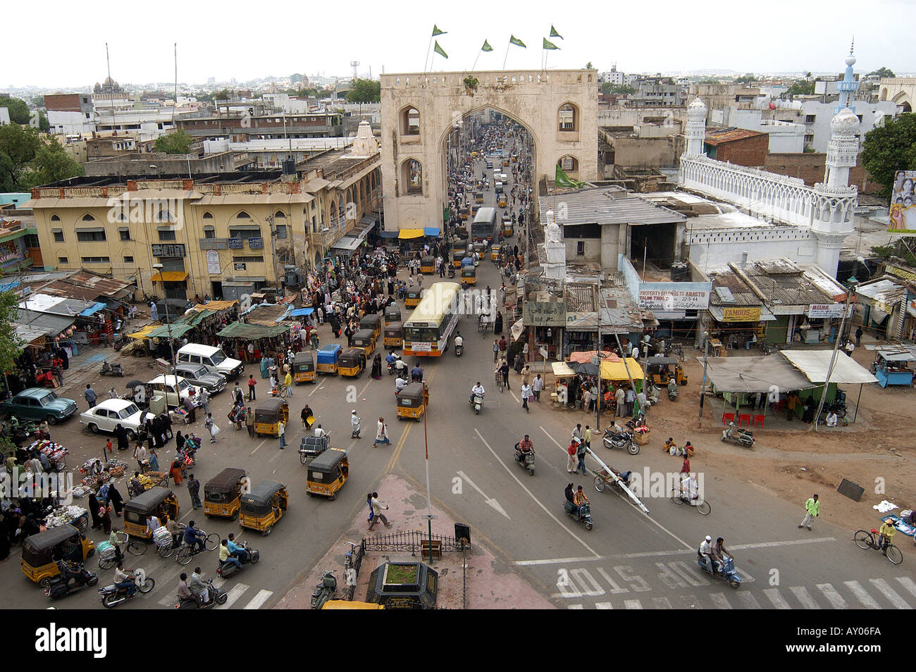 AERIAL VIEW OF THE OLD CITY OF CHARMINAR showing crowded road with ...