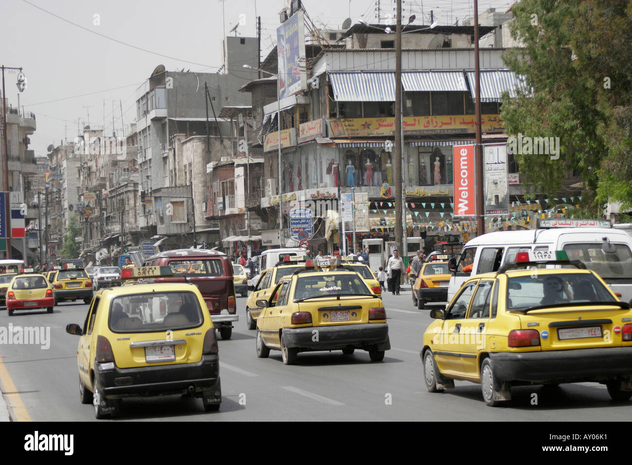 Yellow taxi on the street of syrian town, Syria, Middle East Stock ...