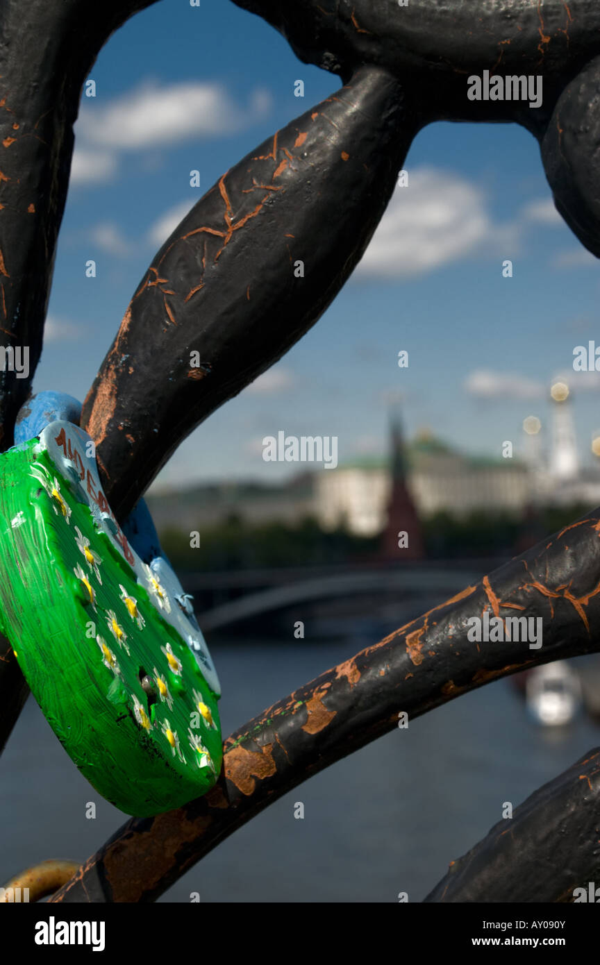 Hand-painted lock on the pedestrian bridge over Moscow river ...