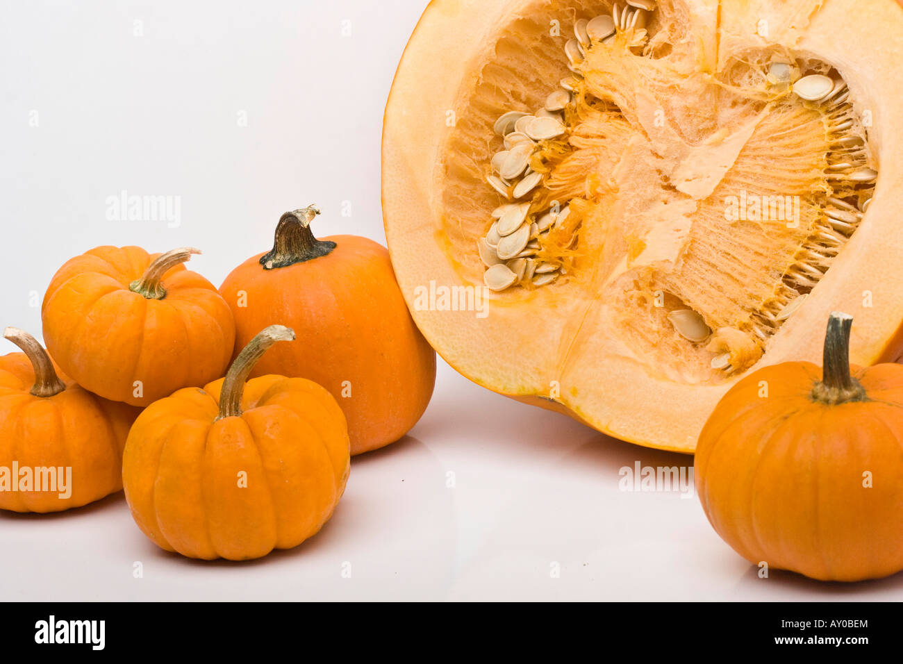 Cross sections of a orange pumpkin with seeds overhead from above large ...