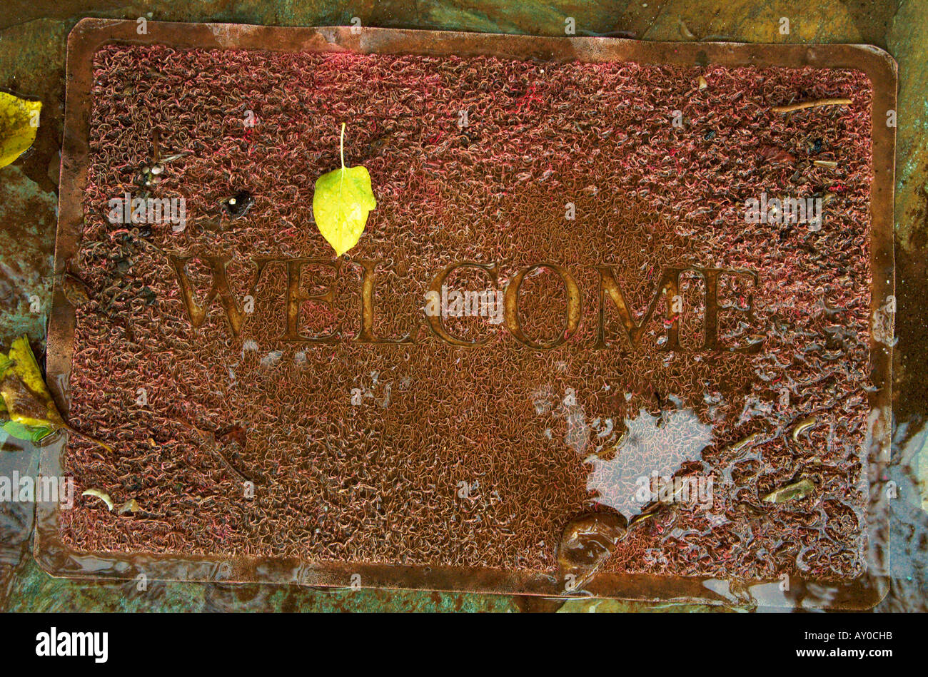 Welcome mat in rain Stock Photo - Alamy
