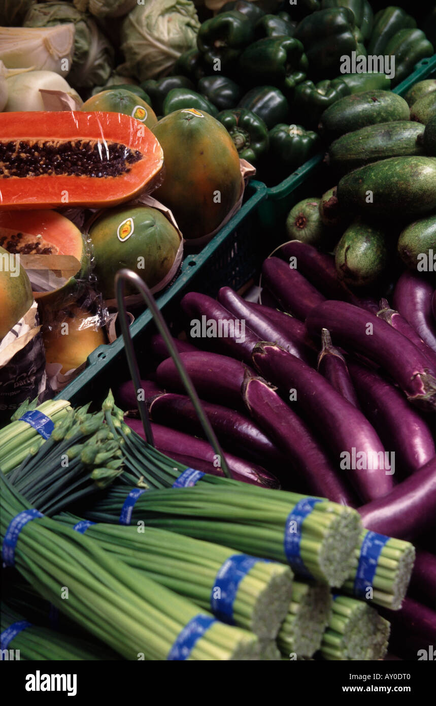 market stall streetscene showing chinese vegetables on sale and display ...