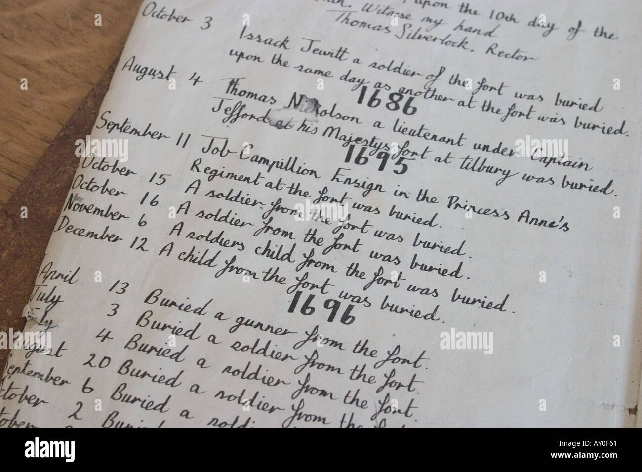 Copy of register of deaths at The Chapel Tilbury Fort Essex GB UK Stock ...