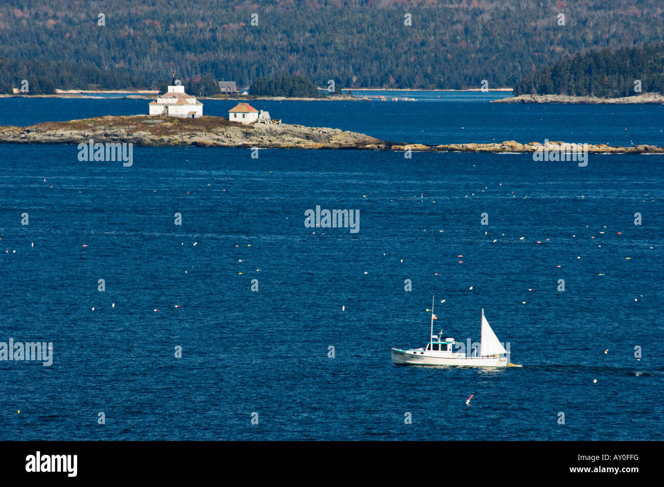 Fishing Boat Sailing Past Egg Rock Lighthouse and Lobster Bouys Mount ...