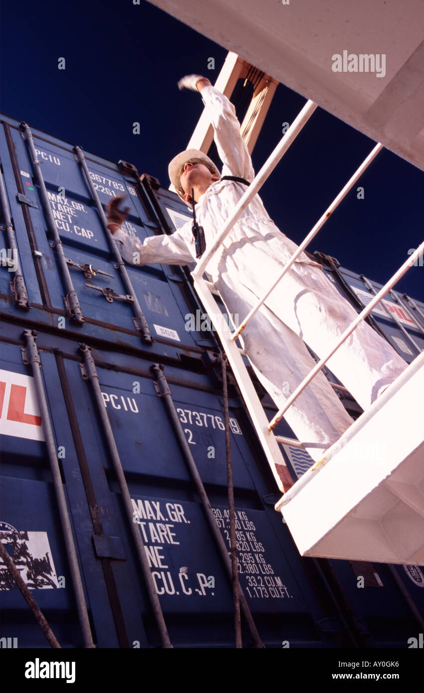 shipworker on board containership in capetown south africa directing ...