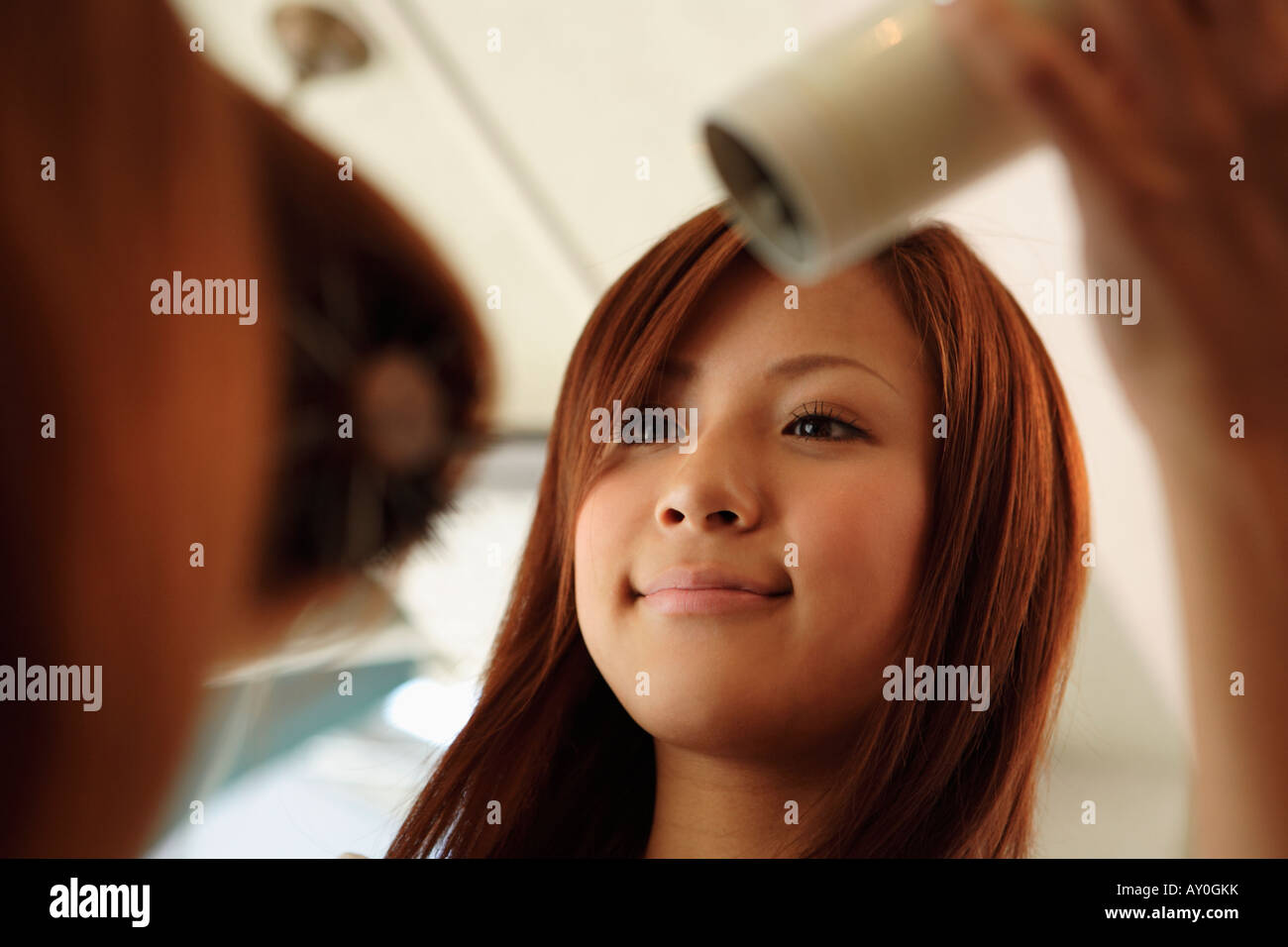 Hairdresser drying woman's hair Stock Photo - Alamy