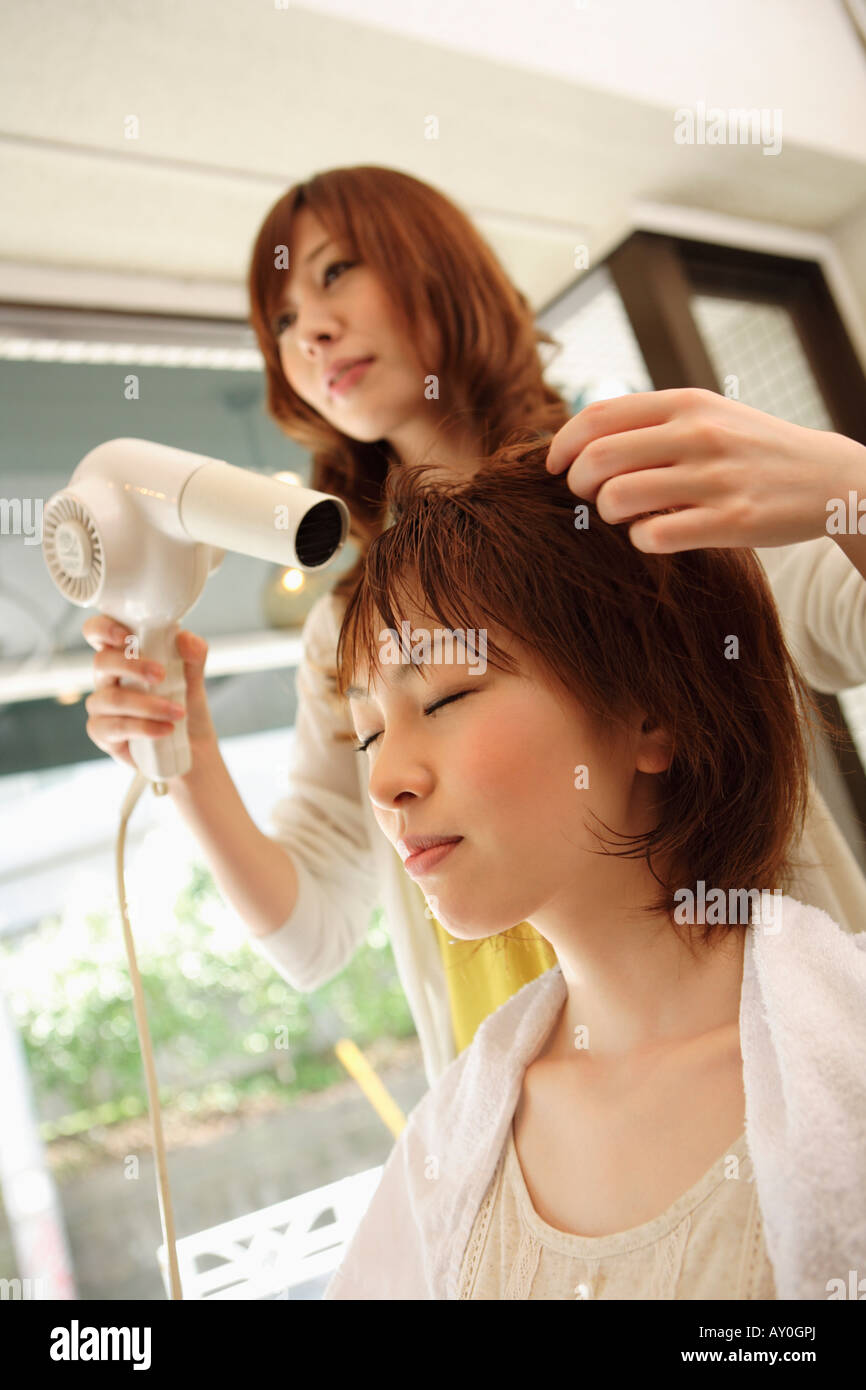 Hairdresser drying woman's hair Stock Photo - Alamy