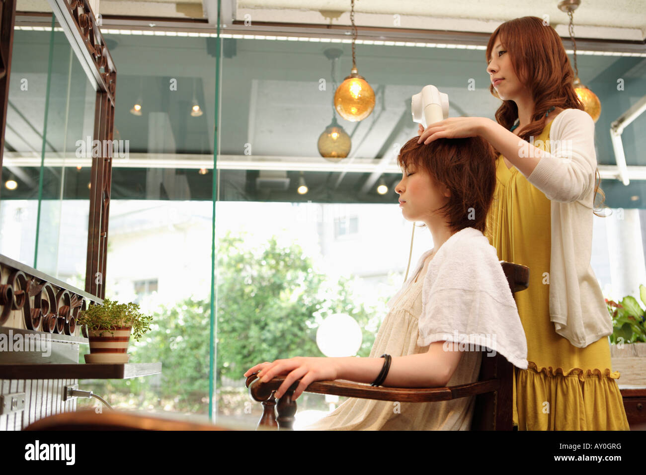 Hairdresser drying woman's hair Stock Photo - Alamy