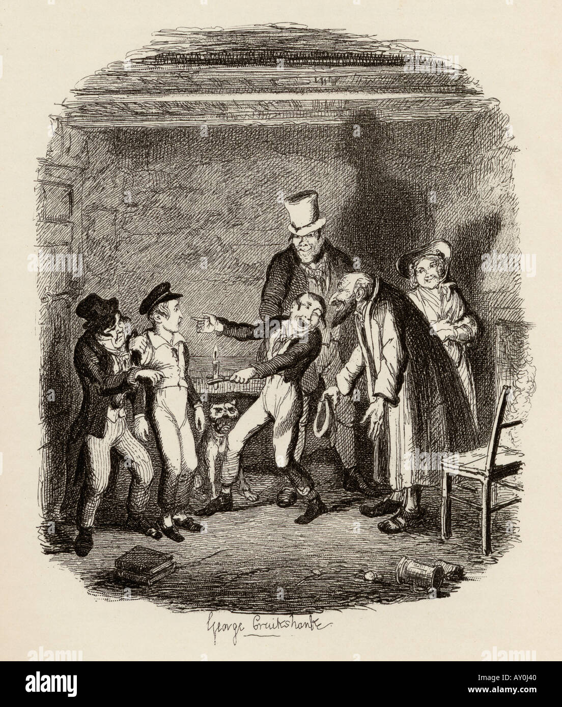 Oliver's reception by Fagin and the boys. From the book The Adventures ...