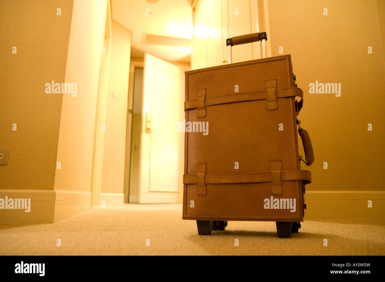 Suitcase in hotel corridor Stock Photo - Alamy