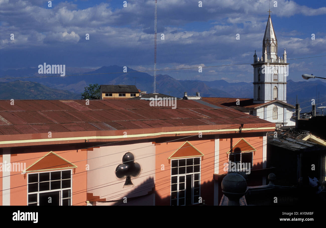 Colonial building cathedral tower and surrounding mountains in Zaruma ...