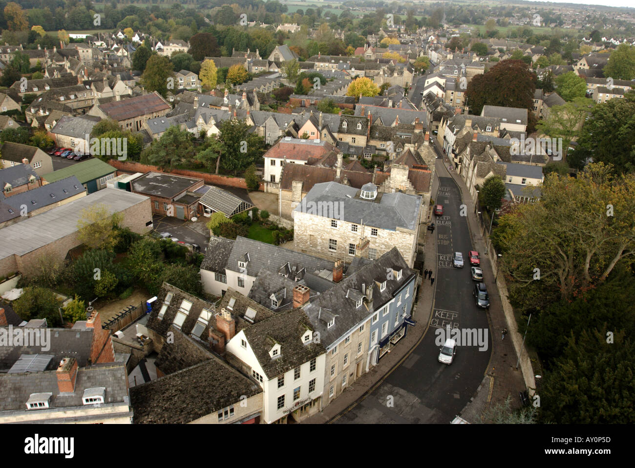 Aerial view of the town of Cirencester showing shops and the ...
