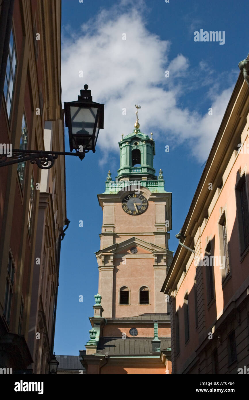 Cathedral clock tower in late afternoon sun, Stockholm, Sweden Stock ...