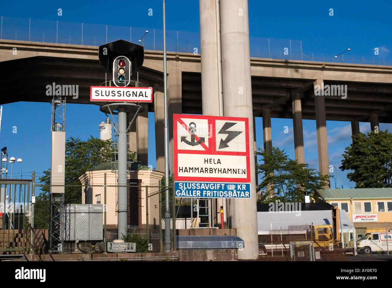 Signs at Hammarbyhamnen canal lock, Stockholm, Sweden Stock Photo - Alamy
