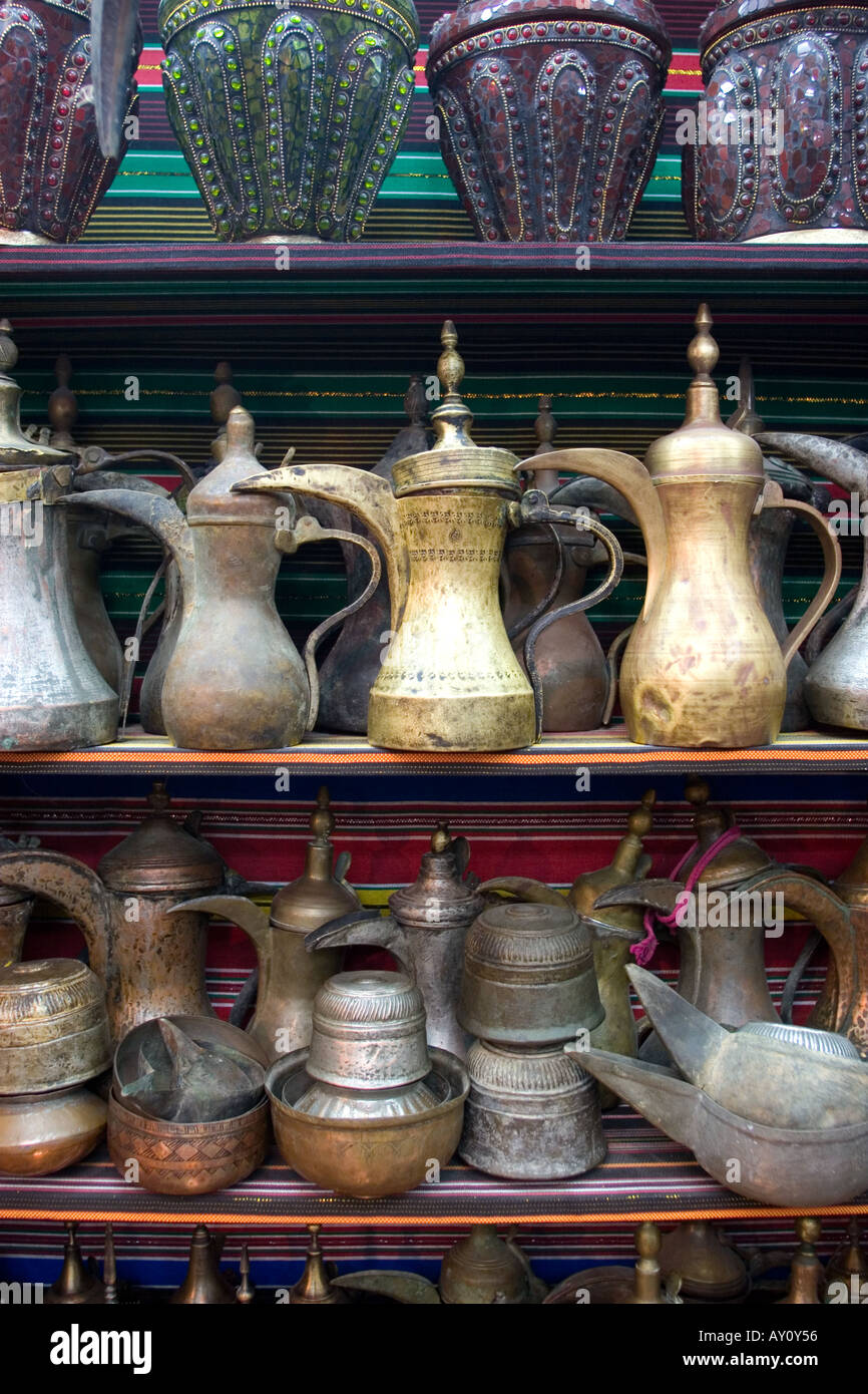 Traditional coffee pots at a handicraft shop at Mutrah Souk Muscat Oman ...