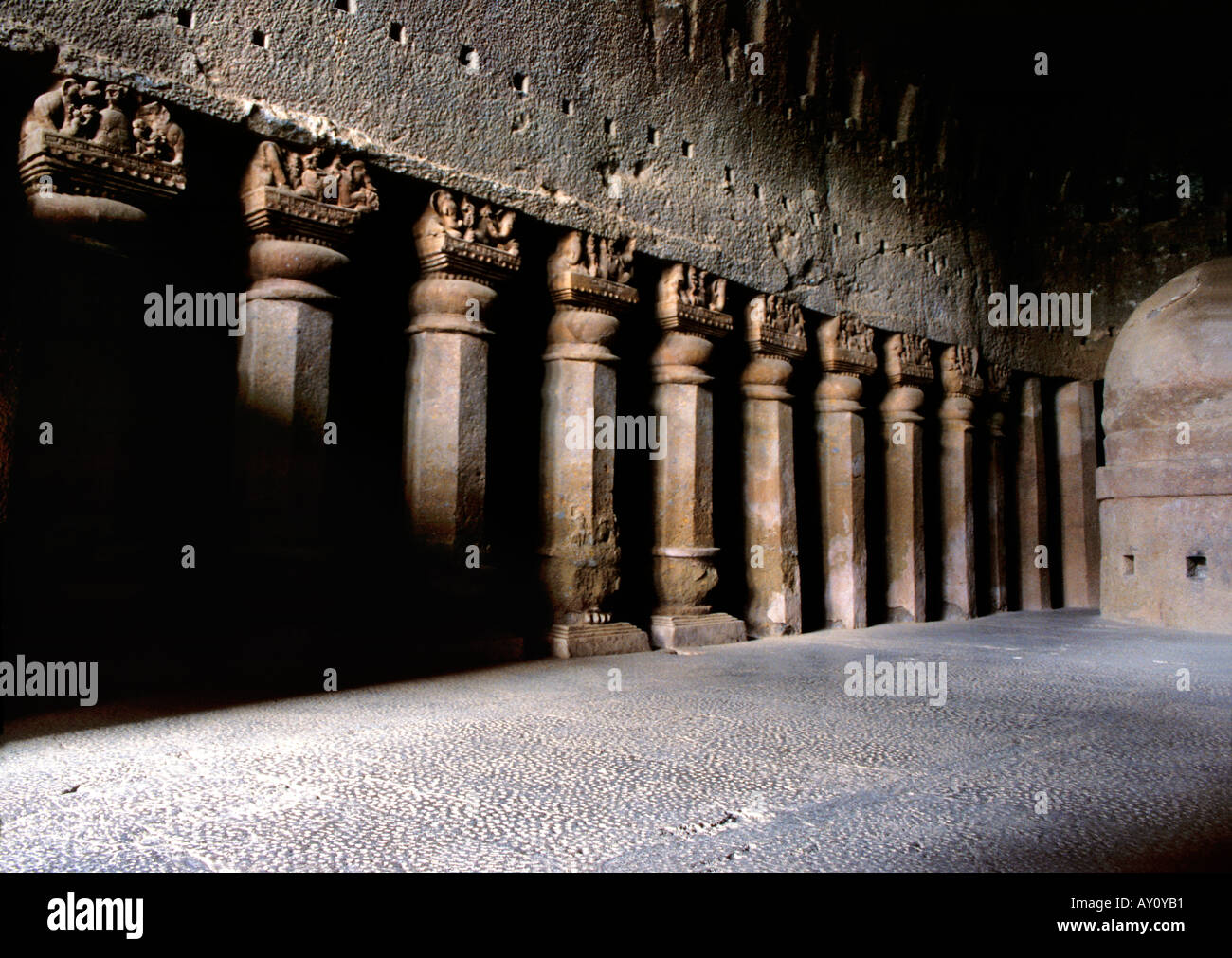 Interior of congregation hall in Buddhist cave Borivali, India Stock ...
