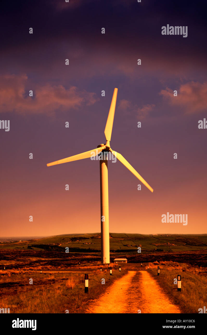 SINGLE WIND TURBINE IN MOORLAND LANDSCAPE AT TWILIGHT OVENDEN MOOR WEST ...