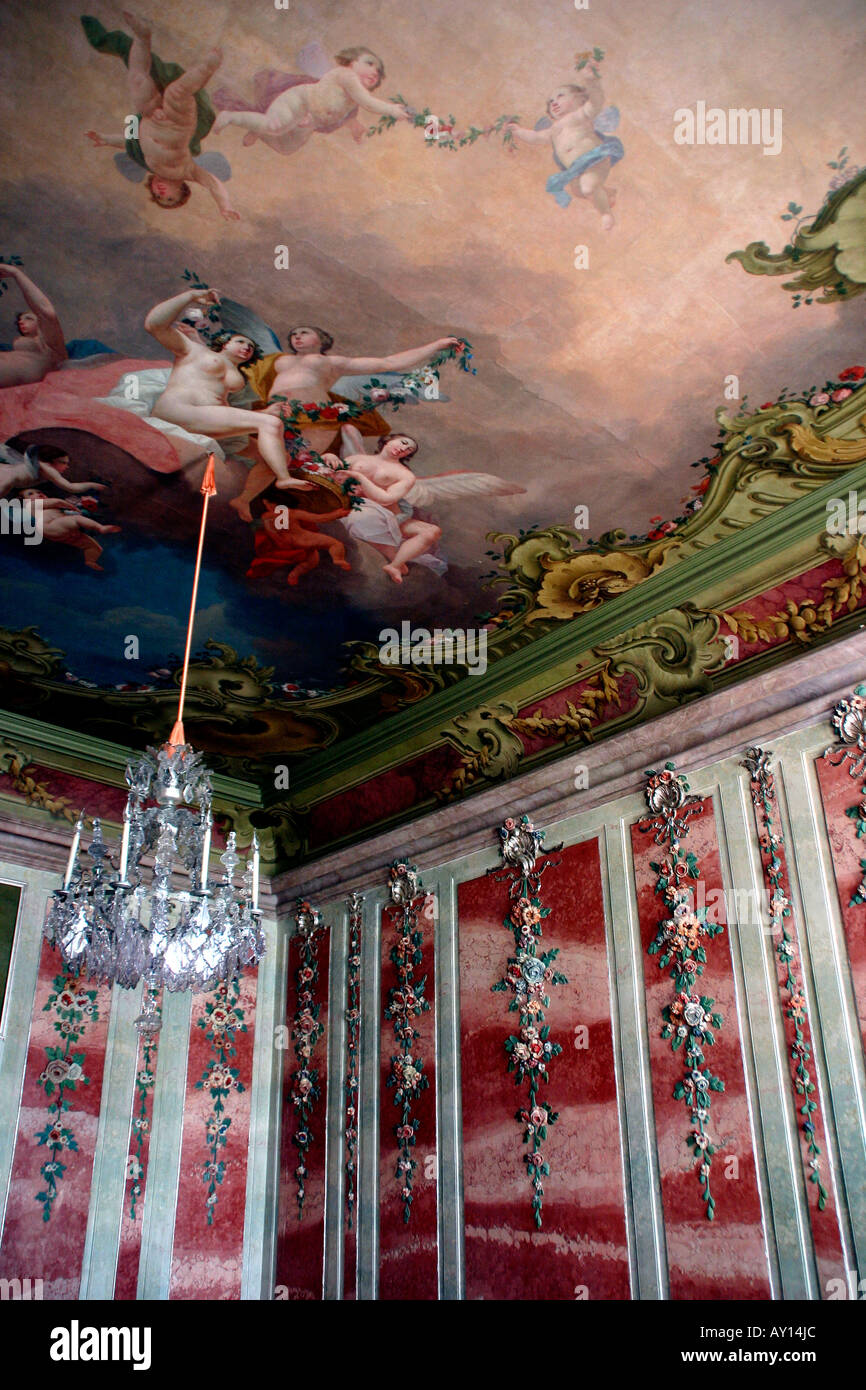 Ornate 18th Century ceiling of a stateroom in the Rundale Palace ...